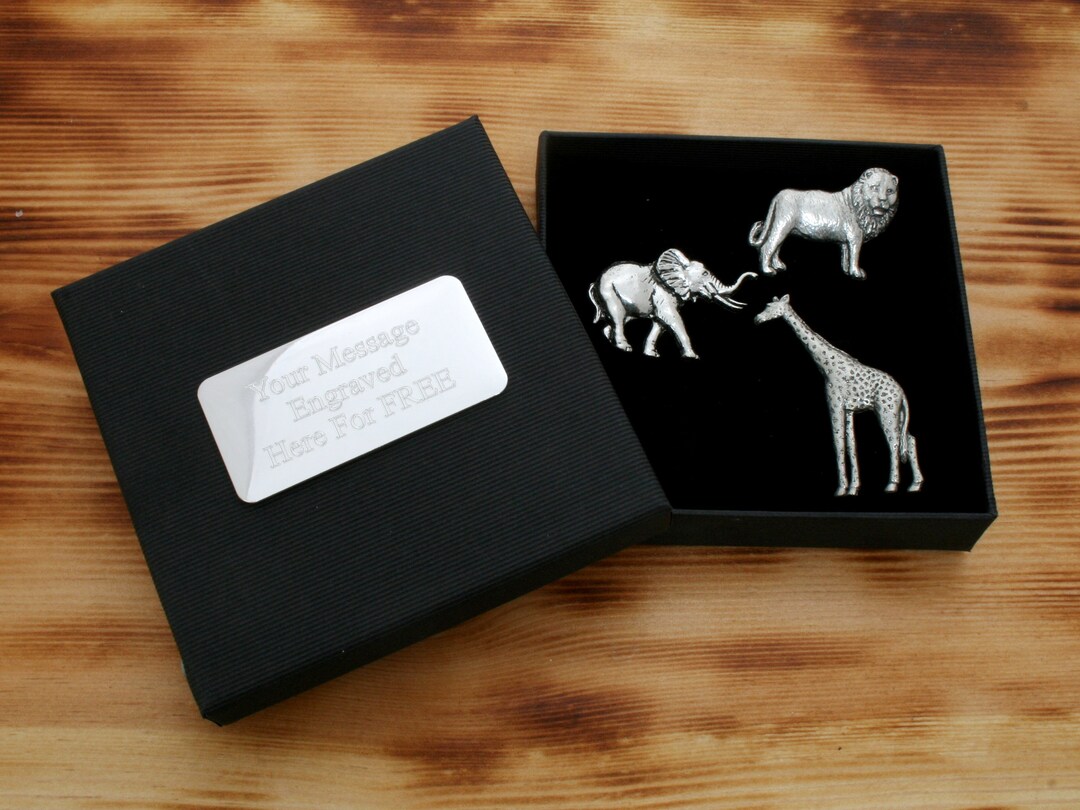 Safari Animals Birthday Gift Box With Personalised Set of Three Lapel ...