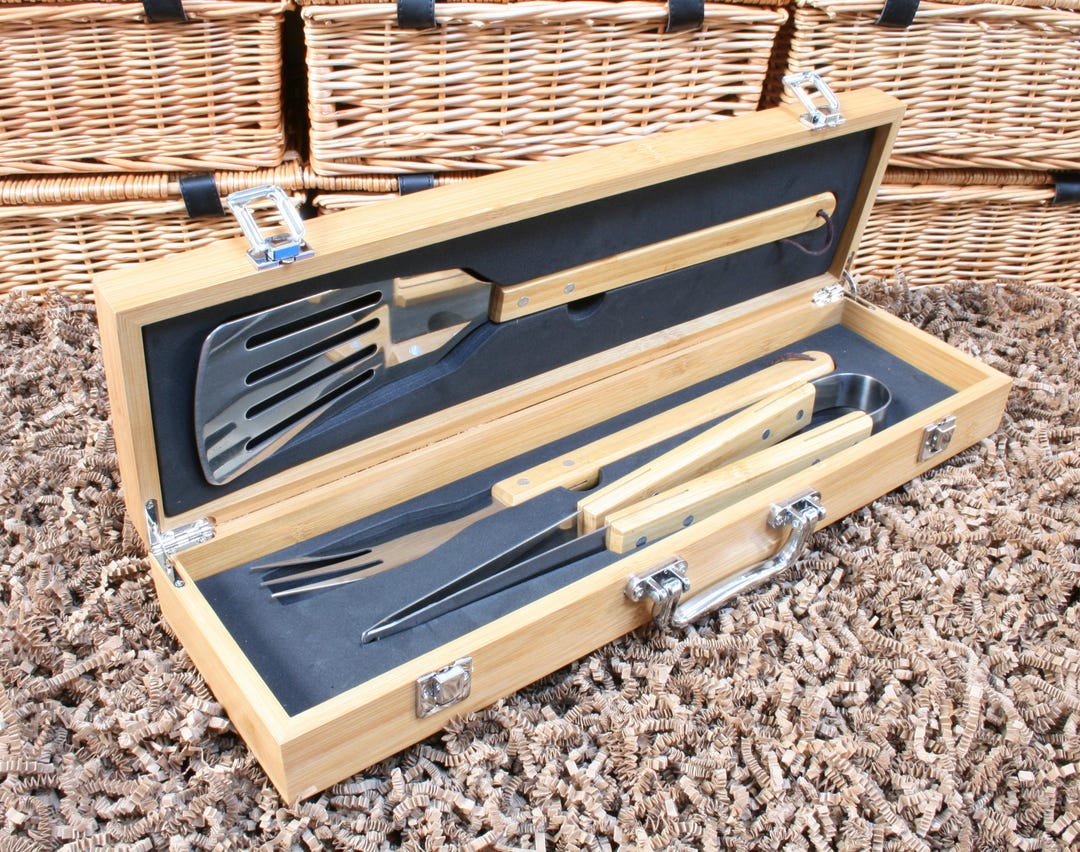 Personalised BBQ Tool Set With Bamboo Case, 3-piece Grilling Utensils ...