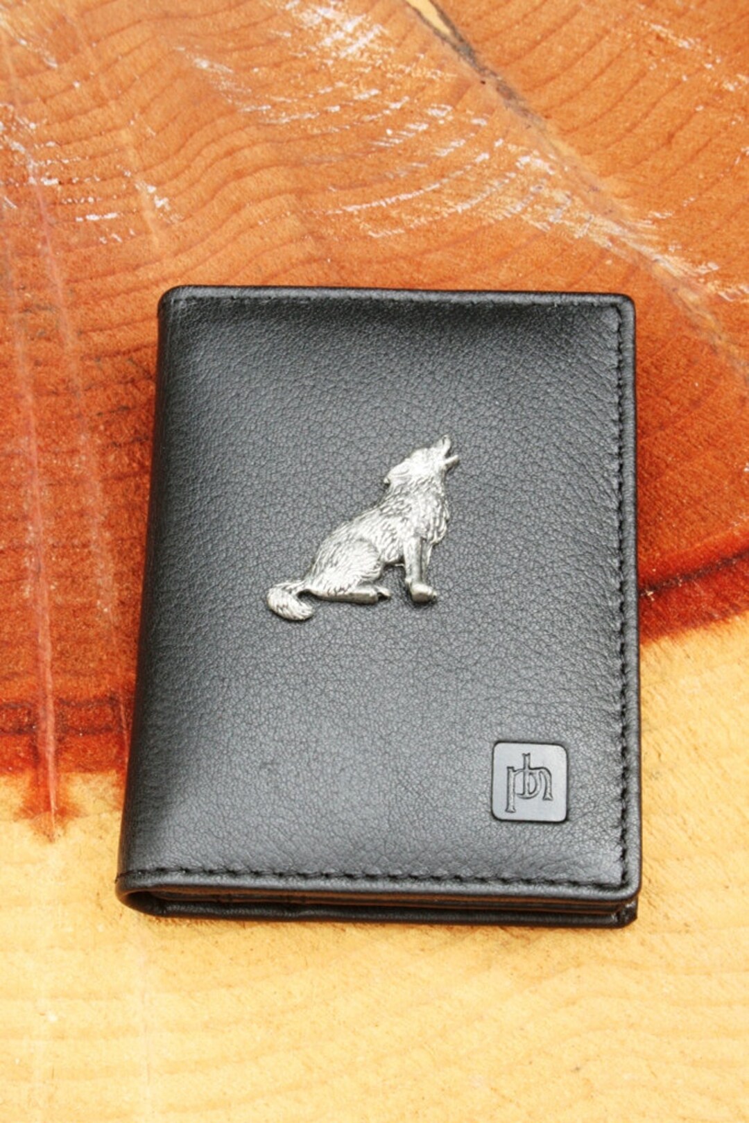 Coyote Dog Howling Real Leather Bifold Card Holder Wallet Black Leather ...
