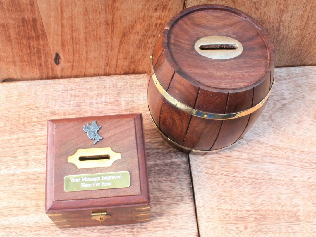 UK Locations Wooden Money Box Chest or Money Barrel With Personalised ...