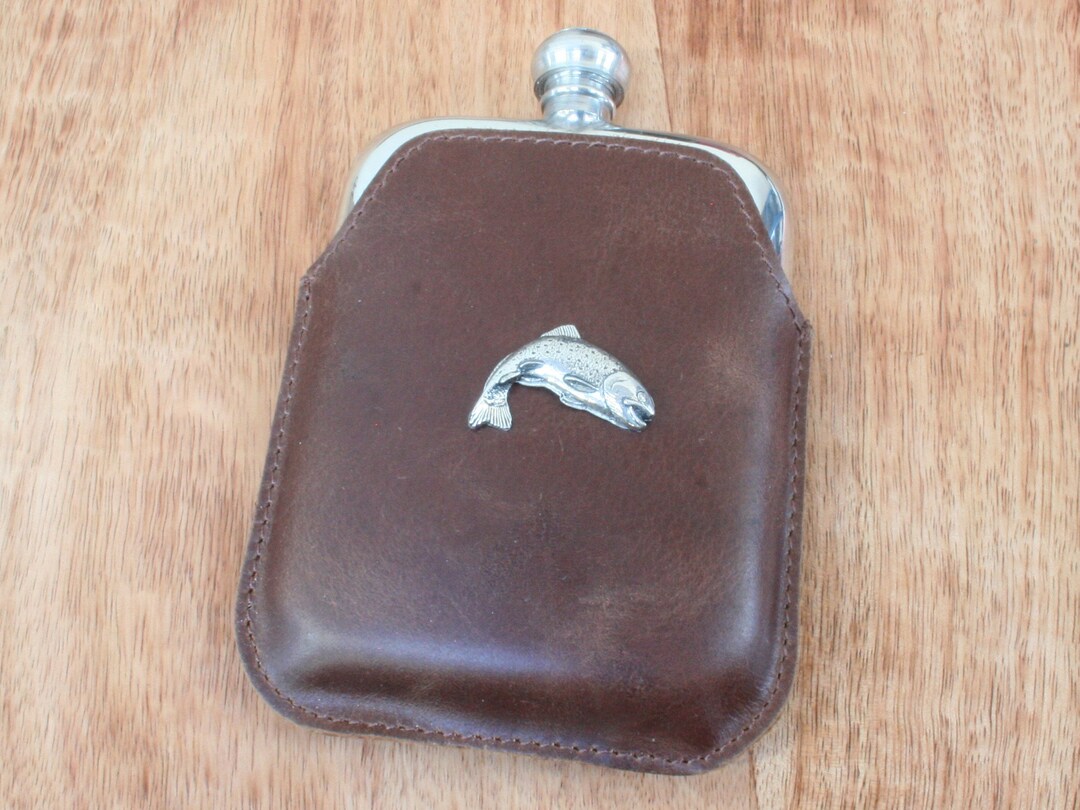 Fishing Themed Pewter 4oz Kidney Hip Flask Brown Leather Pouch ...
