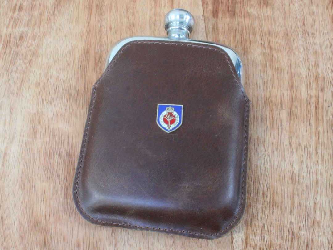 Welsh Regiments Pewter 4oz Kidney Hip Flask Brown Leather Pouch ...