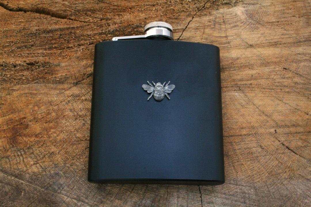 Bee Matte Black 6oz Hip Flask Personalised Free Engraving Mens Birthday ...