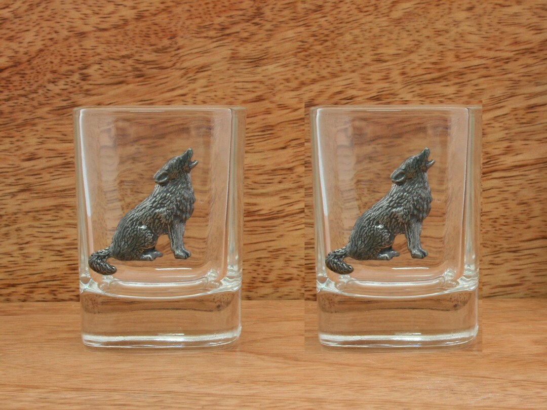 Pair of Howling Coyote Dog Shot Glasses Crystal With Pewter Motifs 399 ...