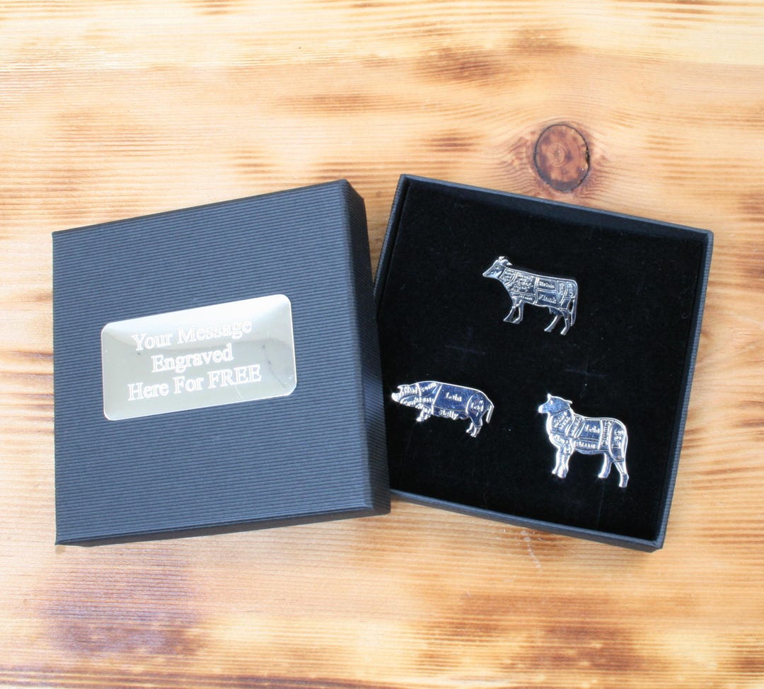 Butcher's Cuts Set of 3 Pewter Pin Badges: Sheep, Cow & Pig Lapel Pins ...