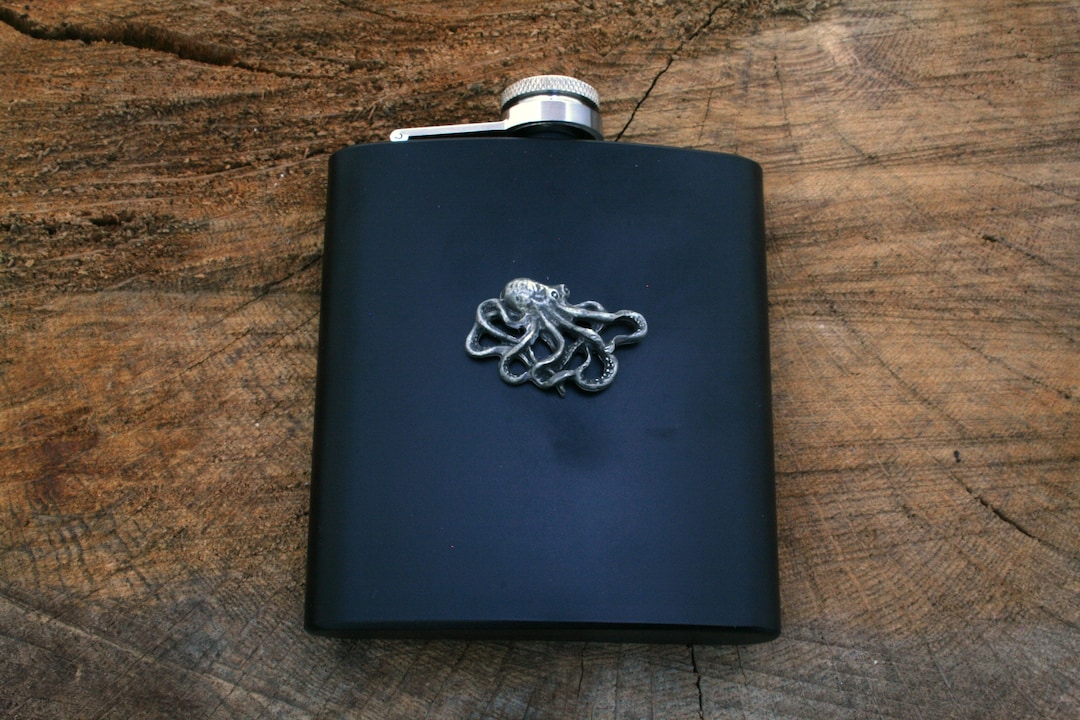 Octopus Matte Black 6oz Hip Flask Personalised Free Engraving Mens ...