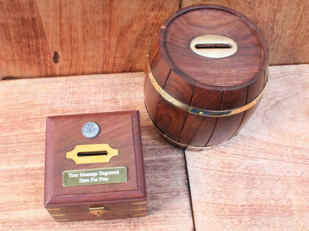 Masonic and Templar Wooden Money Box Chest or Money Barrel With ...