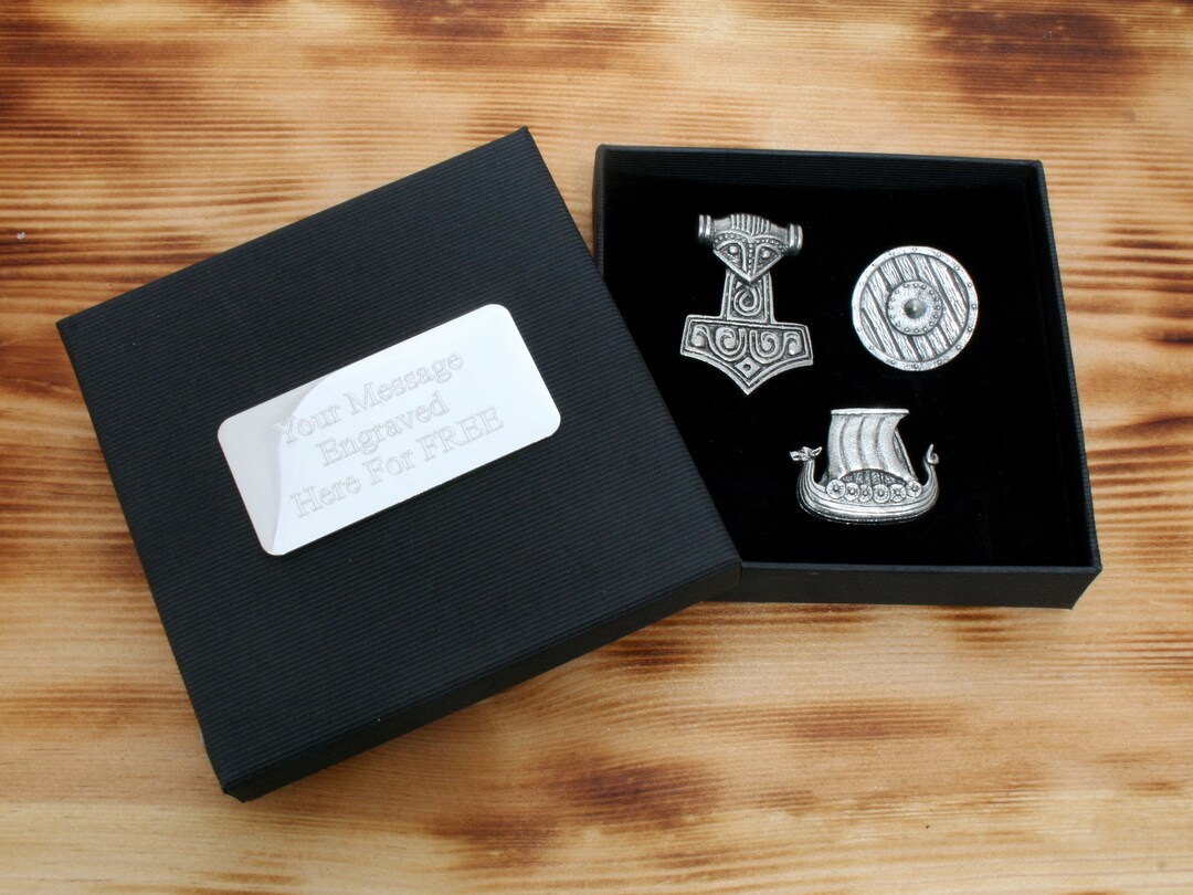 Viking Three Custom Lapel Pin Badges in Personalised Box Boat Hammer ...