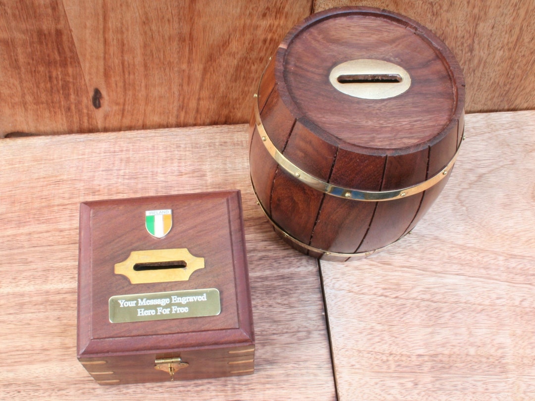 Irish Icons Wooden Money Box Chest or Money Barrel With Personalised ...