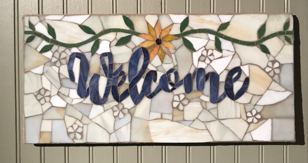 Stained Glass Mosaic House Sign--simple Flower Design 'welcome' - Etsy