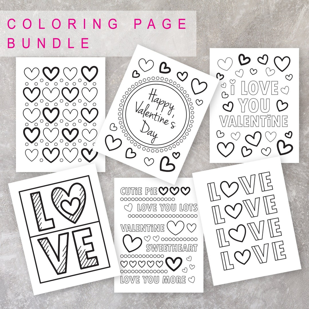 Valentine's Day Coloring Page Set of 6, Valentine's Day Coloring for ...