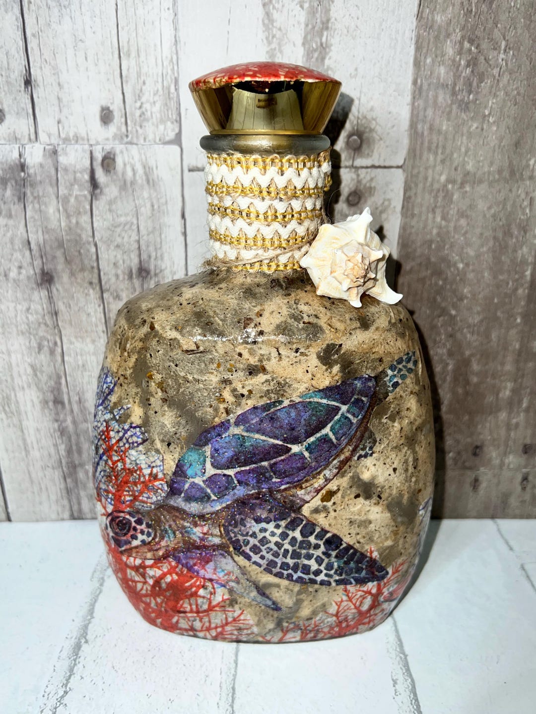 Decoupage Turtle Bottle: Upcycled Ocean Art With Lights - Etsy