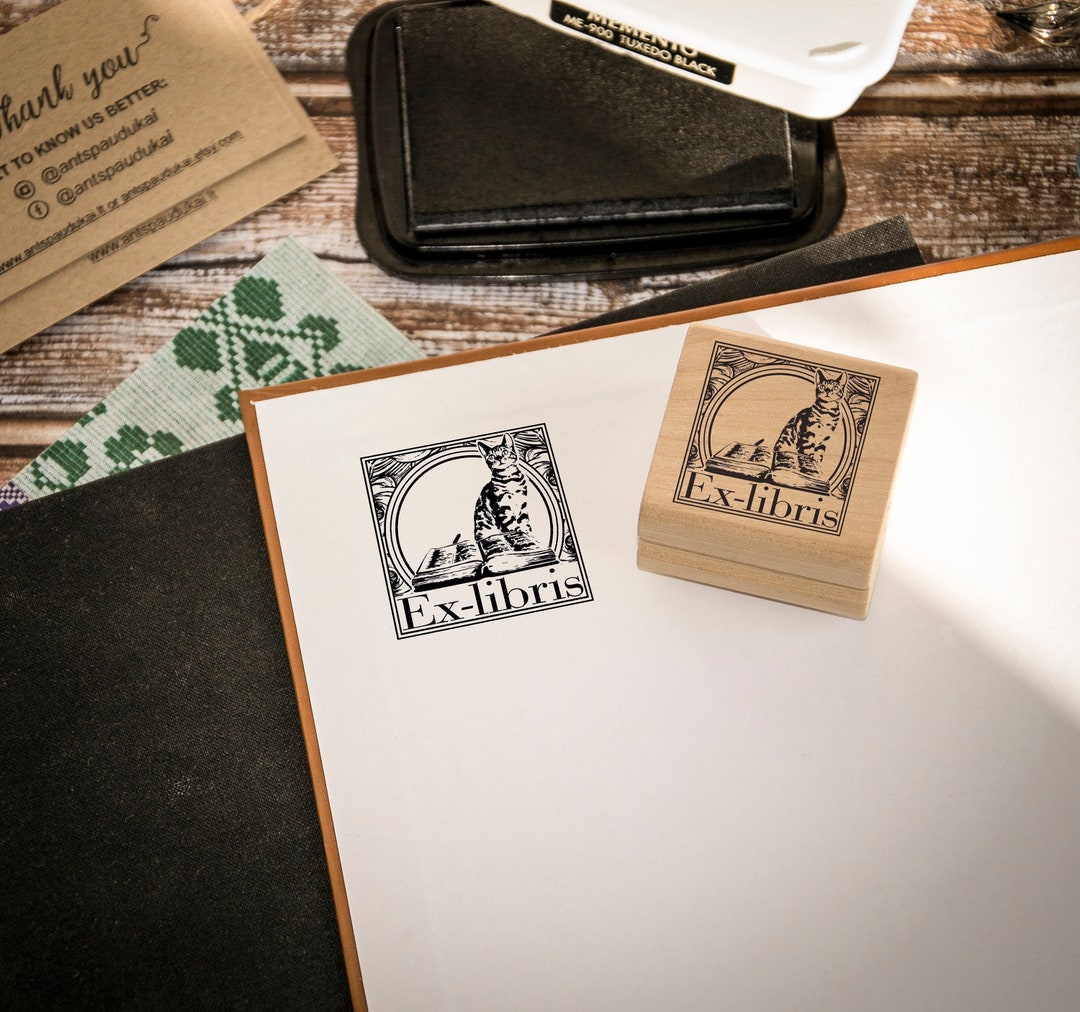 Ex Libris Cat-inspired Rubber Stamp With a Black Ink Pad. This is a ...