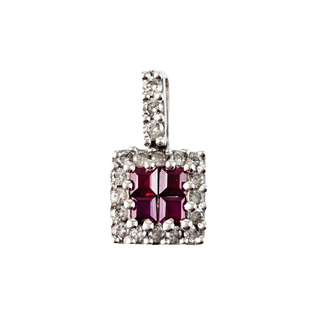 Dainty 14K White Gold, Ruby and Diamond Pendant - Approx. .25 Ctw - 9/ ...