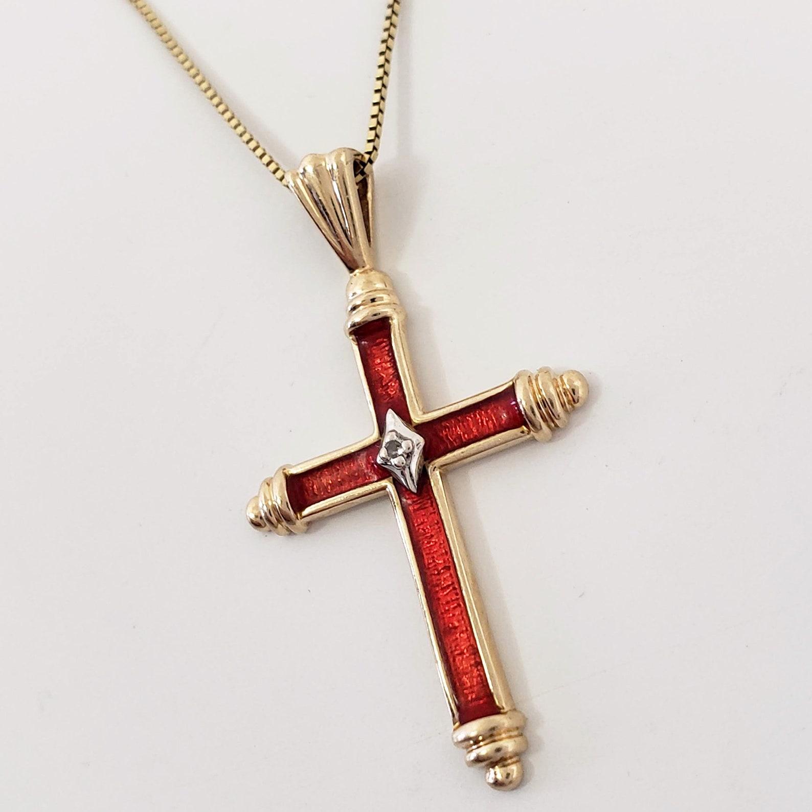 14K Gold Cross Necklace with Red Enamel and Diamond | Etsy