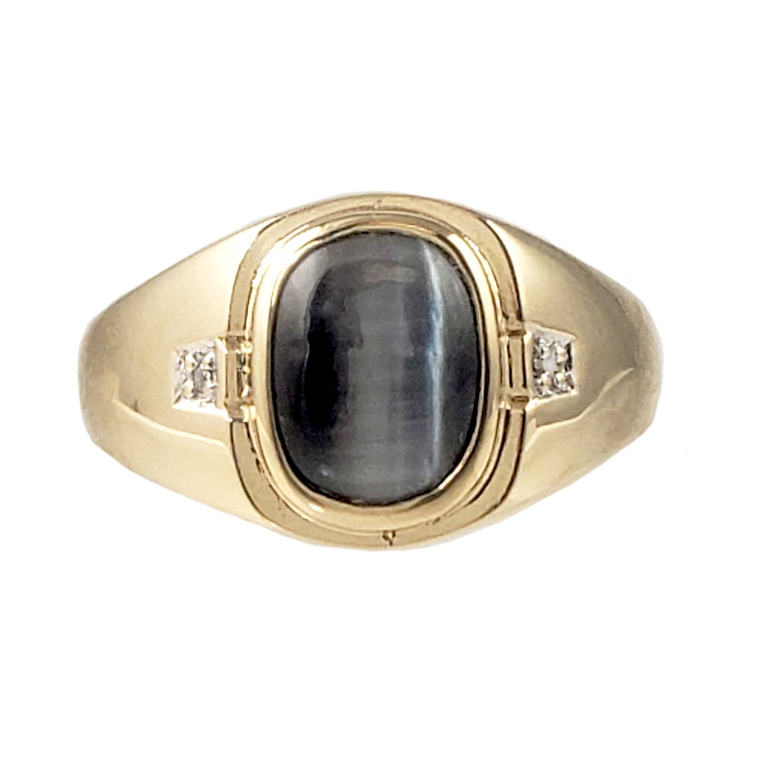 Vintage Mens Created Cats Eye Ring in Solid 10K Gold With Diamonds ...