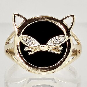 14K Gold and Black Onyx Kitty Cat Face Ring With Diamond Eyes - Size 5. ...