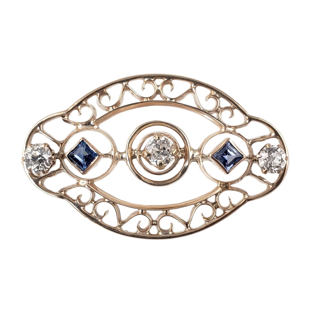 Antique Diamond & Blue Topaz Brooch - Handmade Filigree 10K Gold With 3 ...
