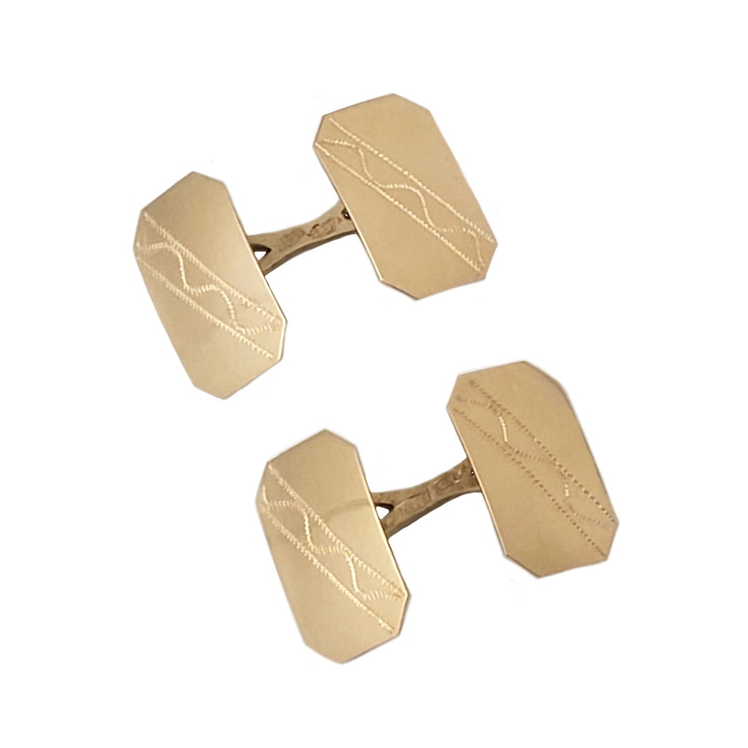 Vintage 18K Gold Cuff Links With Engraving - Double-sided Bar Linked ...