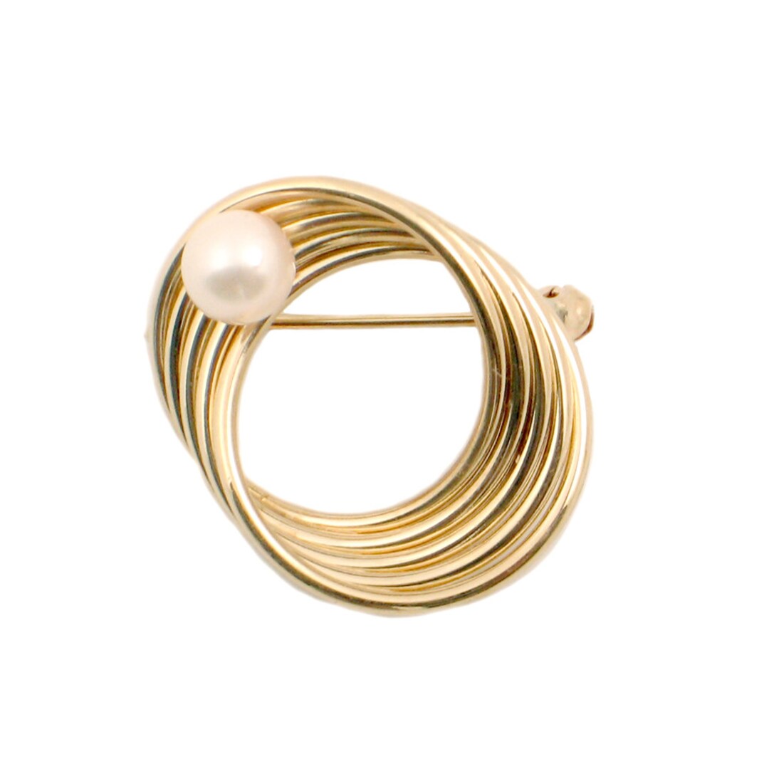 14K Gold & Pearl Brooch Mid-century Circle Brooch With Cultured Pearl ...