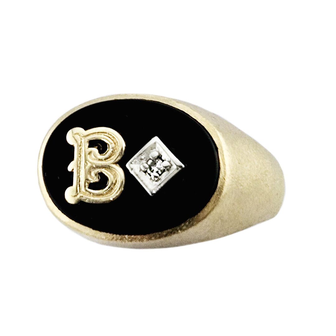 Estate 10K Gold B Initial Signet Ring - Black Onyx and Diamond - Unisex ...