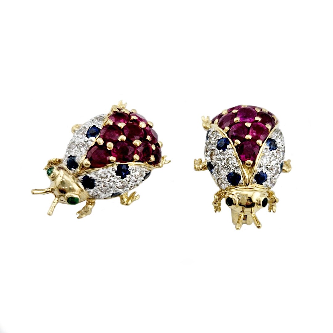 Set of Le Vian 18K Gold Gemstone Ladybug Brooches Diamond Ruby Sapphire ...