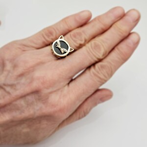 14K Gold and Black Onyx Kitty Cat Face Ring With Diamond Eyes - Size 5. ...