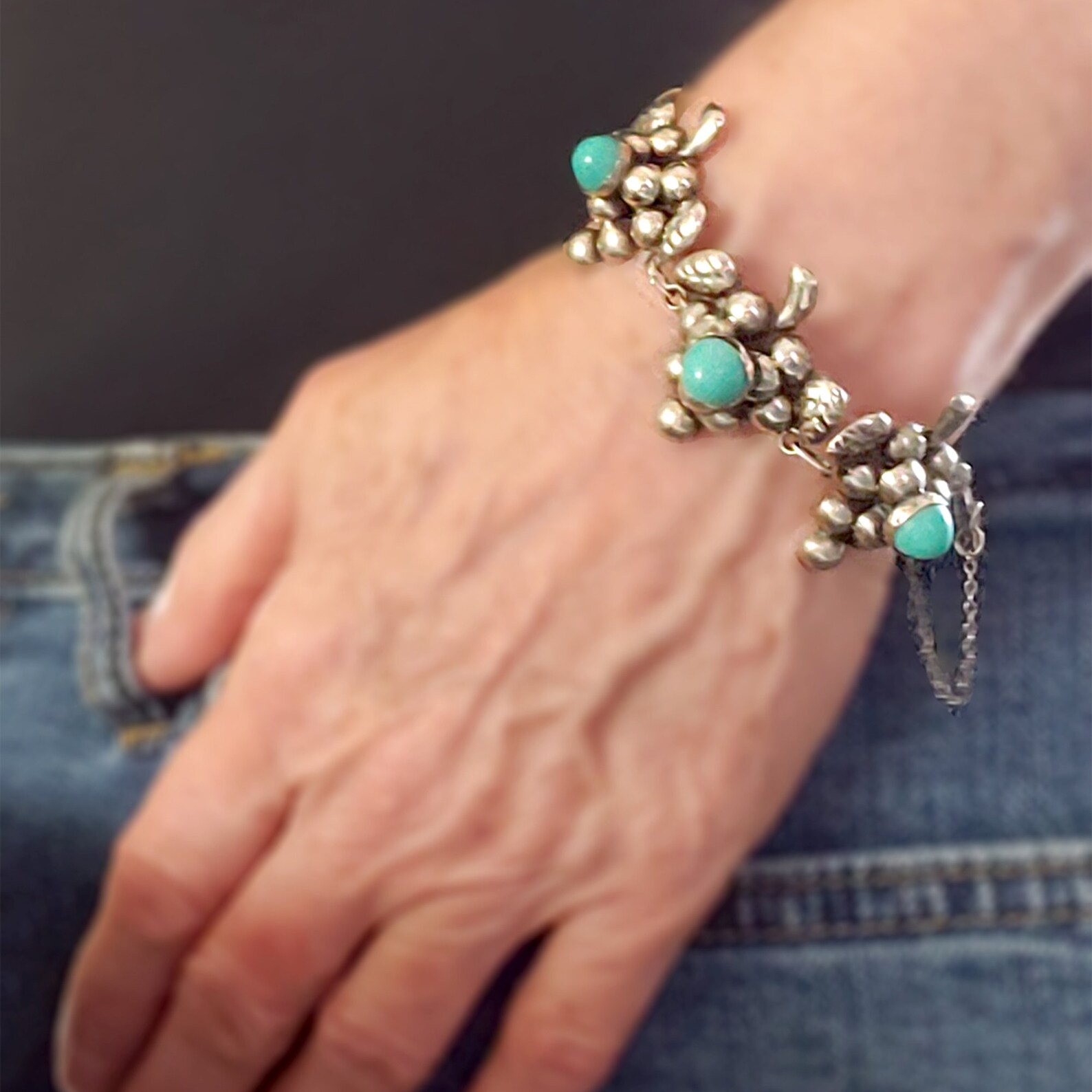 Sterling Silver Grapes Bracelet With Turquoise Glass Cabochons - Etsy