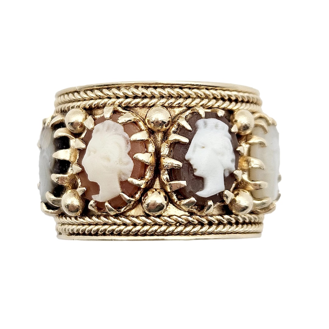 Estate Cameo Ring in 14K Gold - 8 Miniature Cameos on Wide Band - Size ...