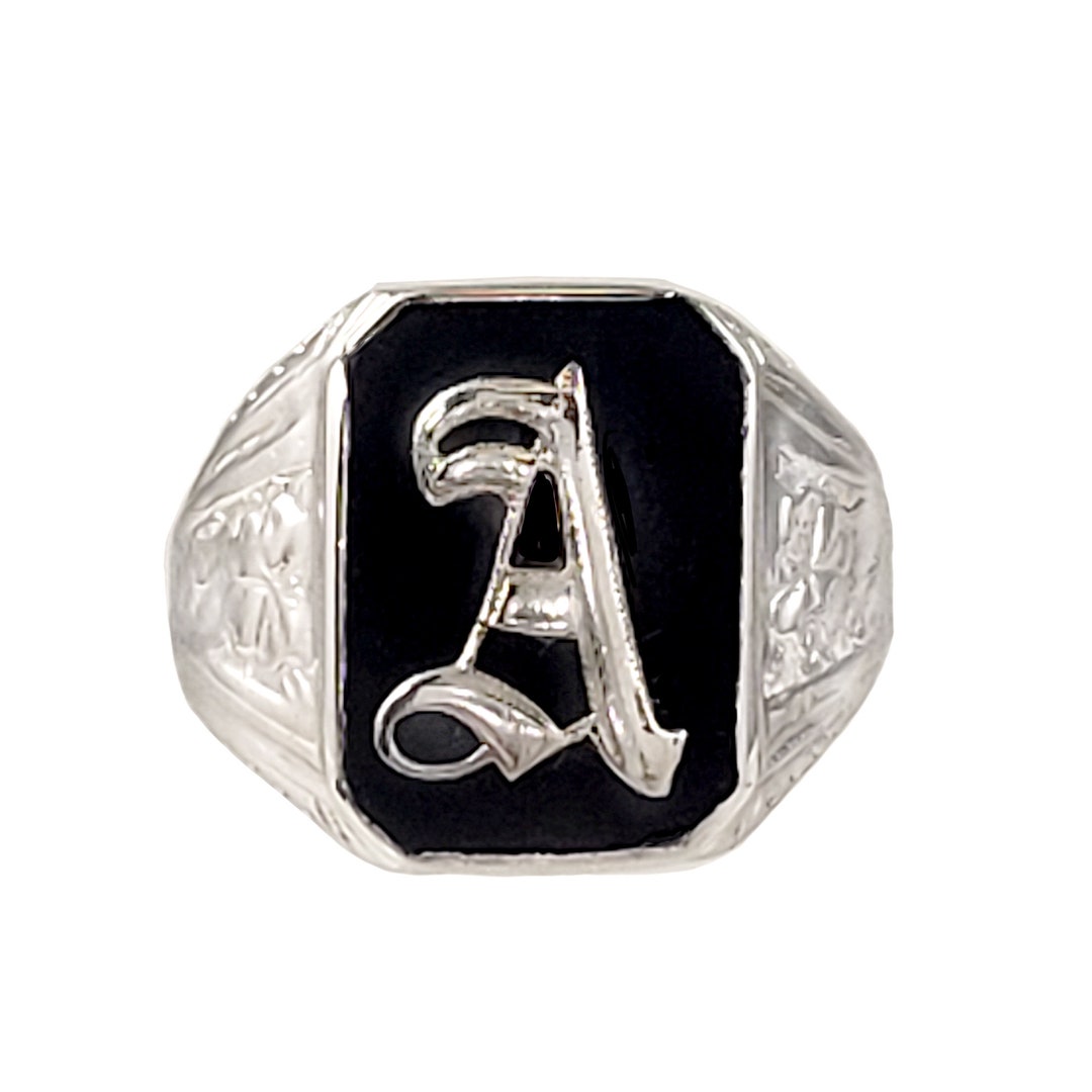 Vintage Monogram Ring in 10K White Gold and Black Onyx - Initial A ...