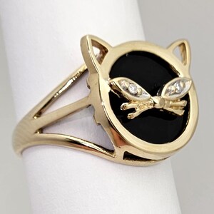 14K Gold and Black Onyx Kitty Cat Face Ring With Diamond Eyes - Size 5. ...