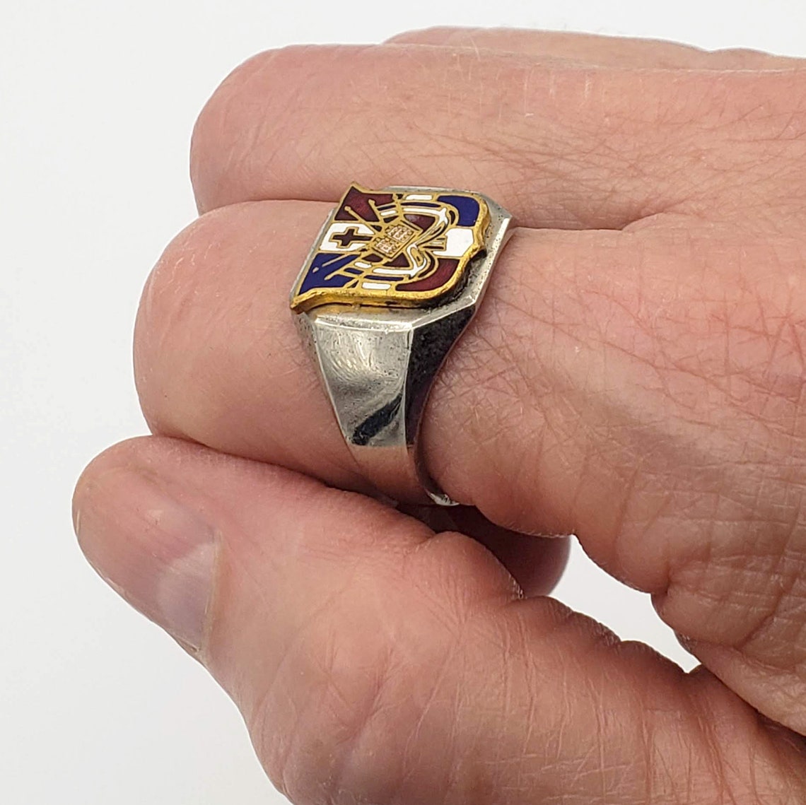 Sterling Silver Signet Ring with Gold Shield and Enamel Work | Etsy