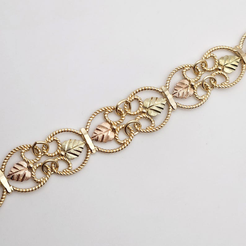 Vintage Black Hills Gold 10K Grape Leaves Link Bracelet - Tri-tone ...