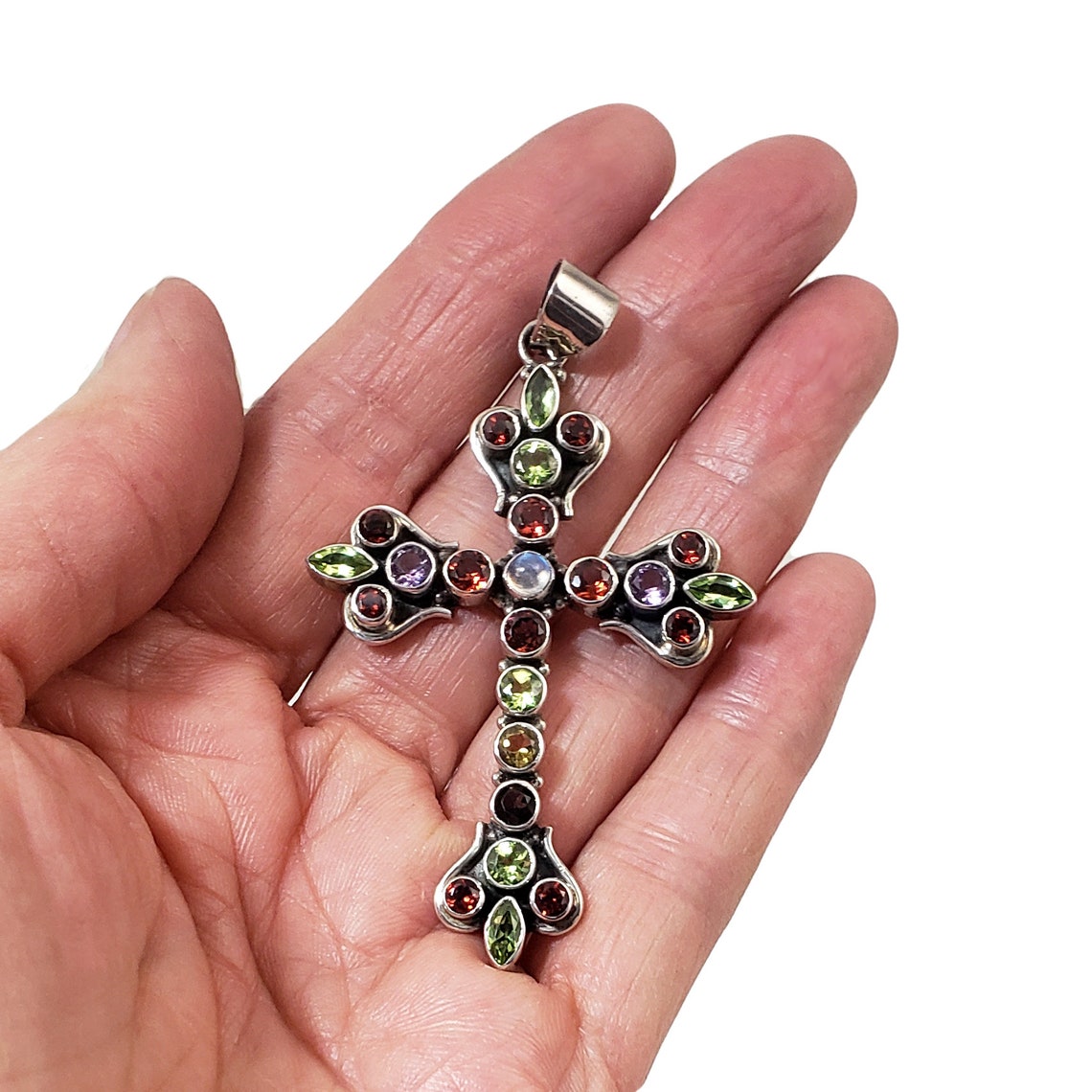 Multi Gemstone Cross in Sterling Silver Large Colorful - Etsy