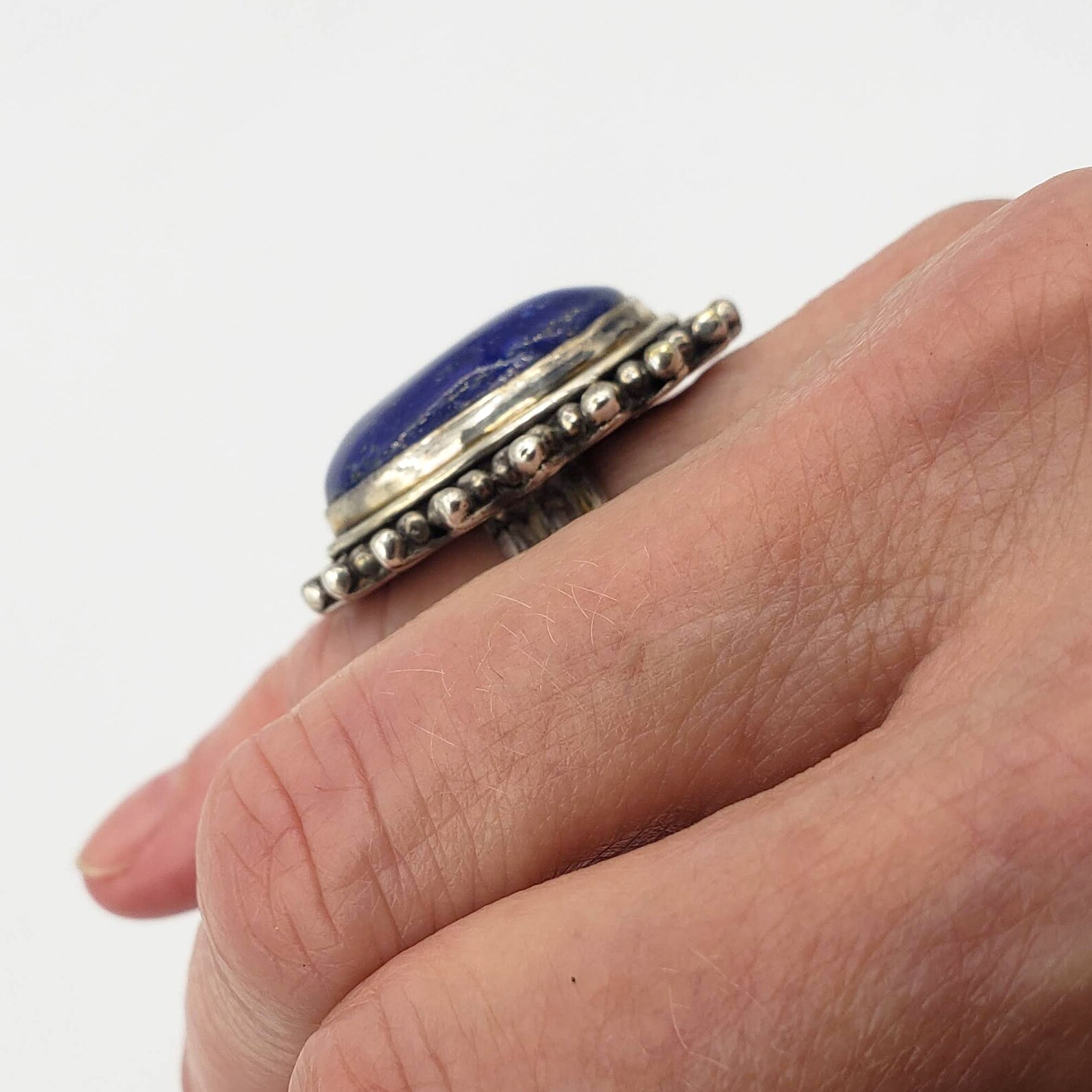 Large Lapis Ring in Sterling Silver With Beaded Frame Triple - Etsy