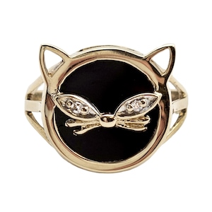 14K Gold and Black Onyx Kitty Cat Face Ring With Diamond Eyes - Size 5. ...