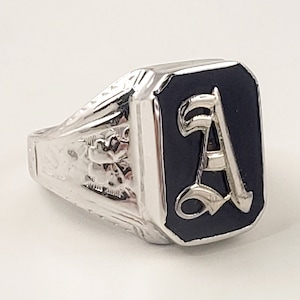 Vintage Monogram Ring in 10K White Gold and Black Onyx - Initial A ...
