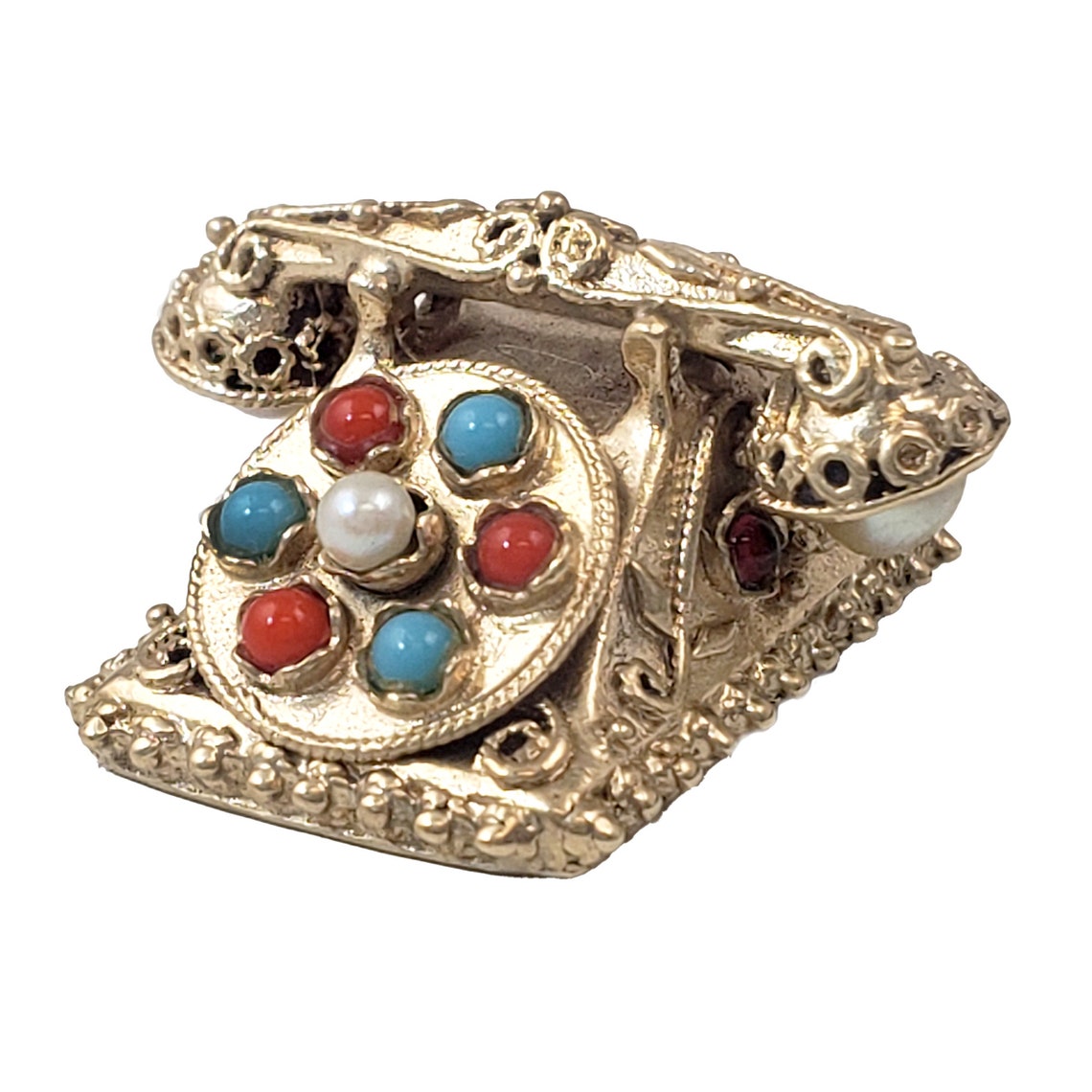 Vintage Telephone Large Charm or Pendant in 14K Gold Pearls - Etsy