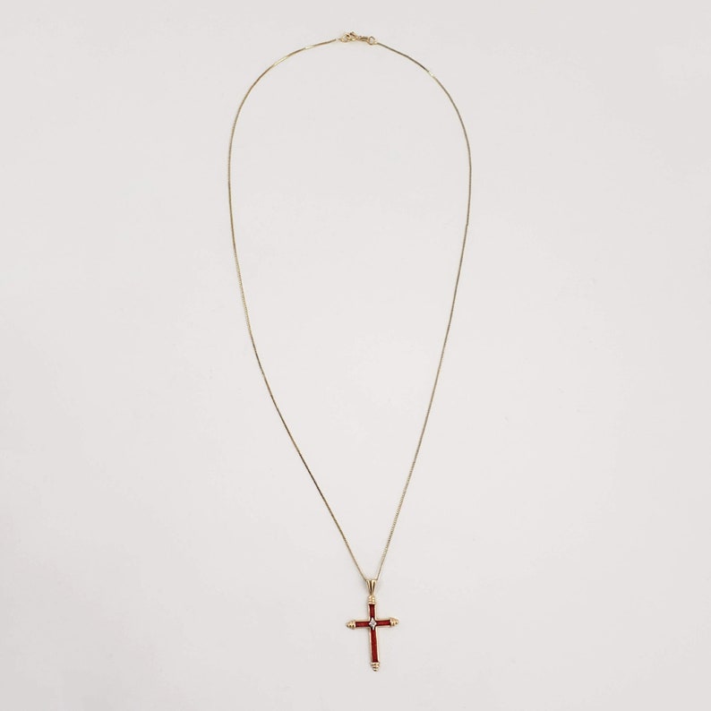 14K Gold Cross Necklace With Red Enamel and Diamond - Etsy