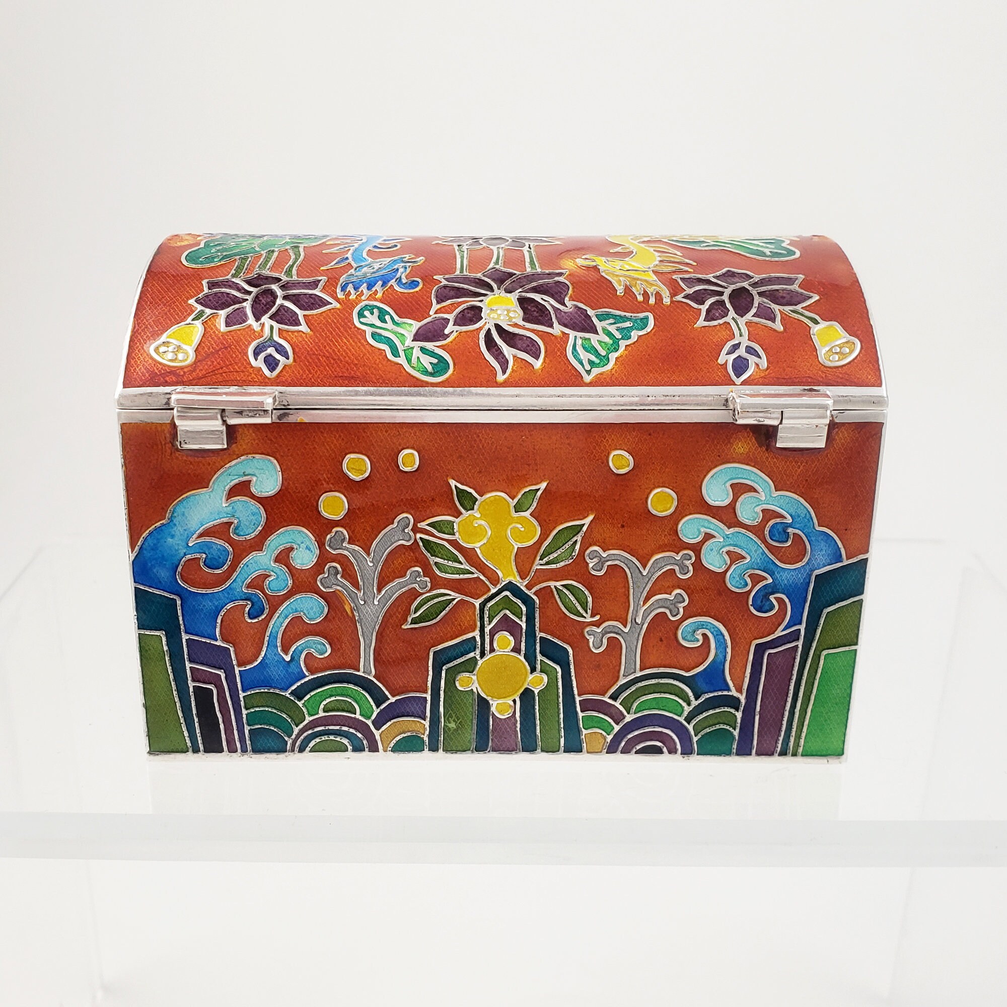 Fine Silver Cloisonne Enameled Box - Korean Bonghwang and Lotus ...