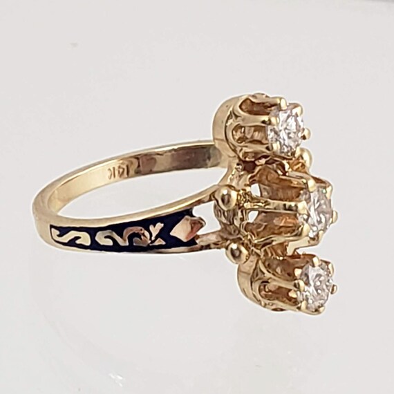 Enameled 14K Gold & 3 Diamond Ring - Outstanding Vic… - Gem