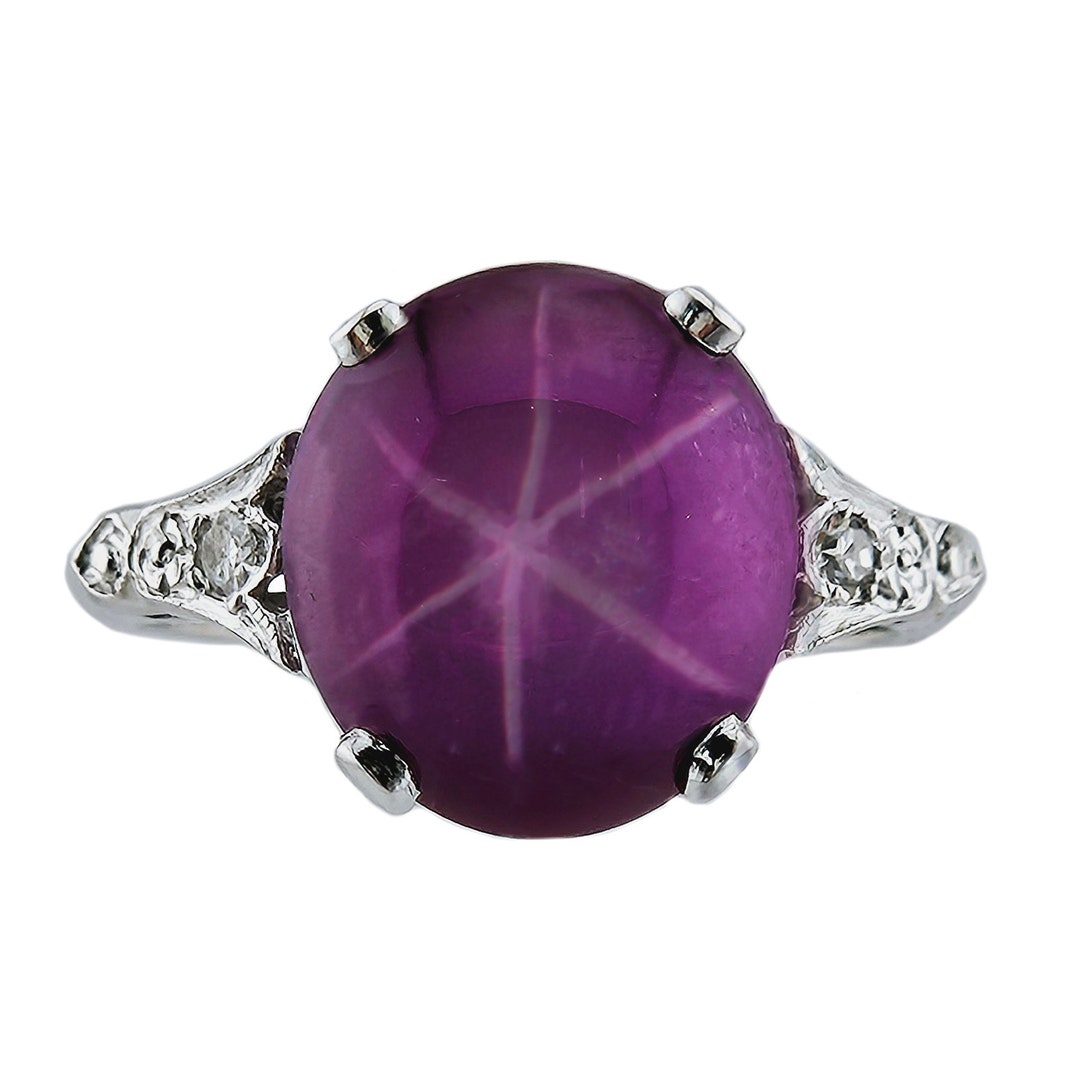 Estate Created Star Ruby Ring in 14K White Gold With Diamond Accents ...