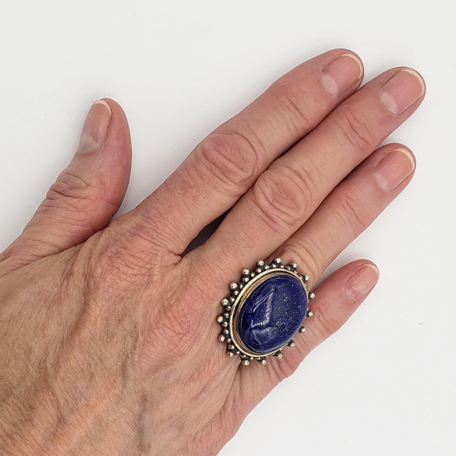 Large Lapis Ring in Sterling Silver With Beaded Frame Triple - Etsy