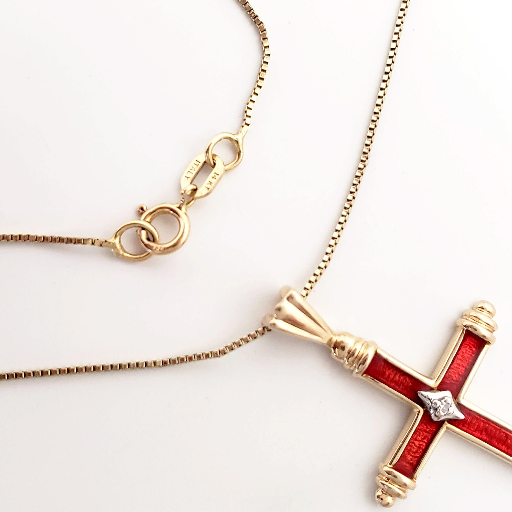 14K Gold Cross Necklace with Red Enamel and Diamond | Etsy