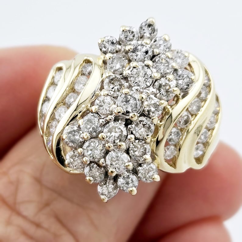 Large Cluster 2 Ctw Diamond Ring in 10K Gold - 47 Stones - Size 9 - Etsy