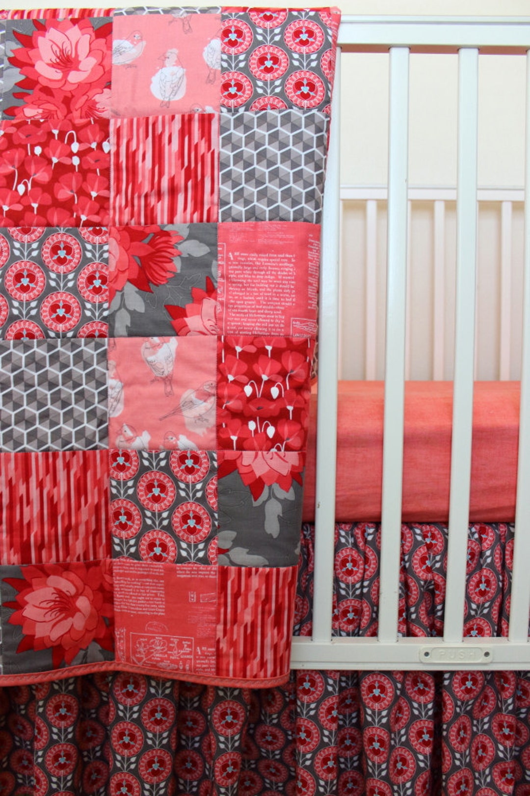 Evelyn Floral Crib Bedding / Bird Crib Bedding / Red Floral Crib Set - Etsy