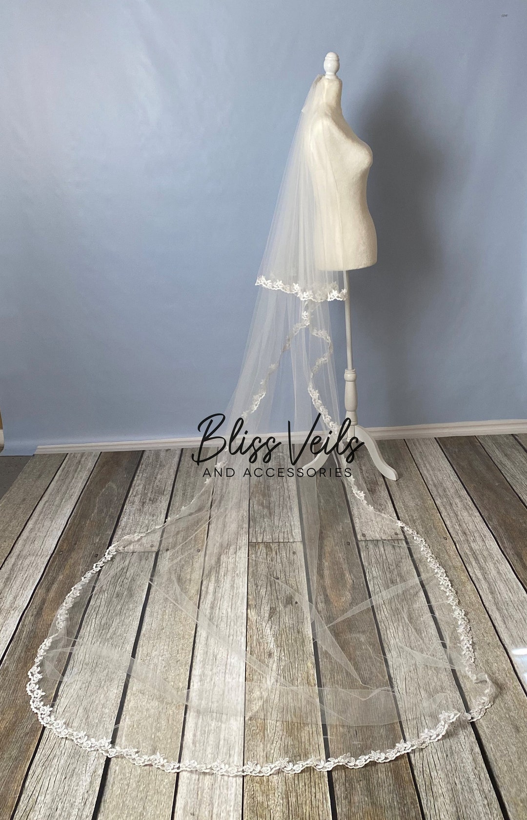 2 Layer Lace Veil With Blusher, Cathedral Veil, Lace Trim Veil, Ivory ...