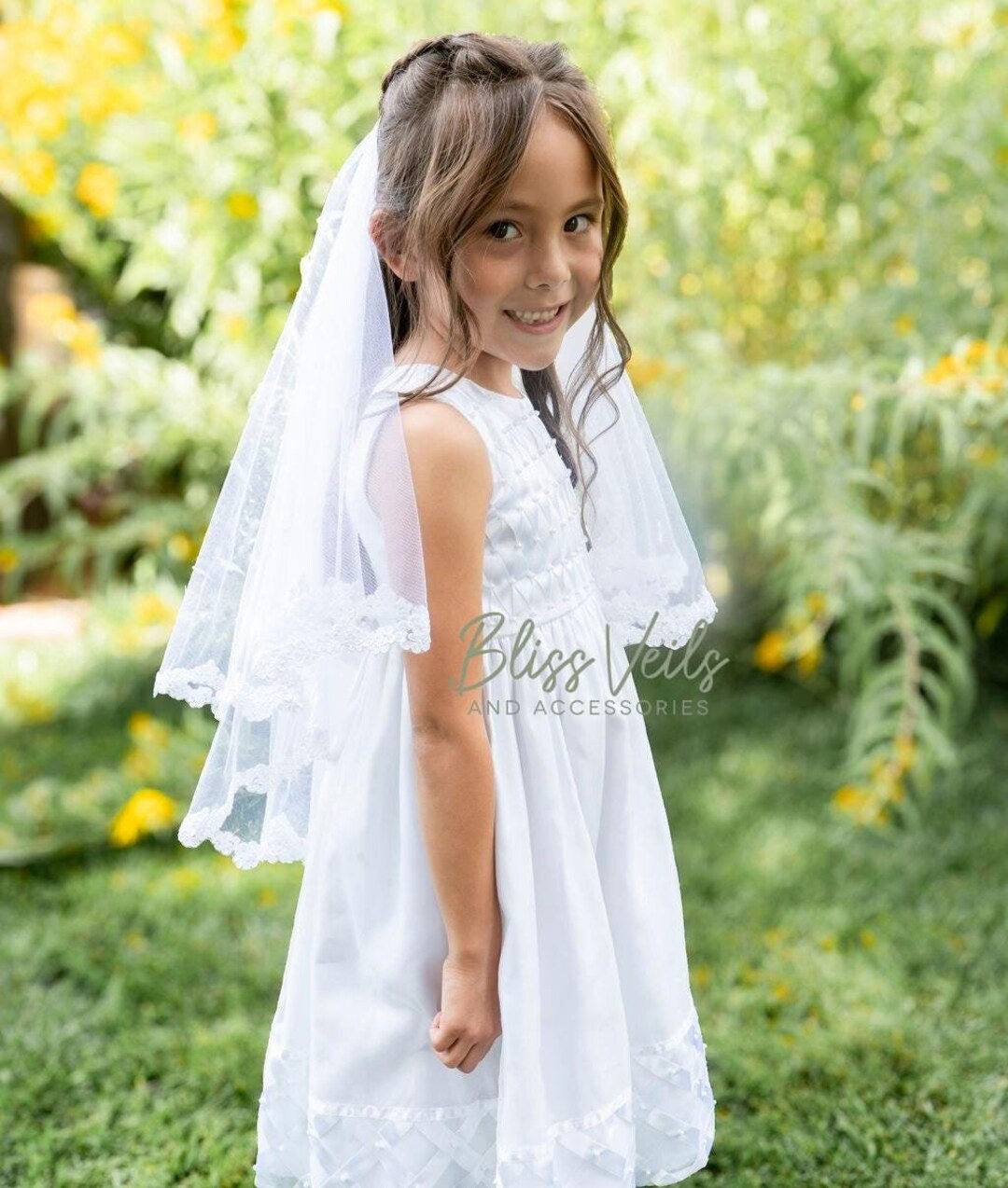 Two Layer First Communion Veil With Thin Scalloped Lace Trim in Soft ...