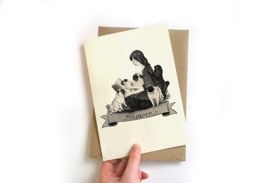 Pug "heaven" Illustrated Greetings Card - Pug Lover Whimsical ...