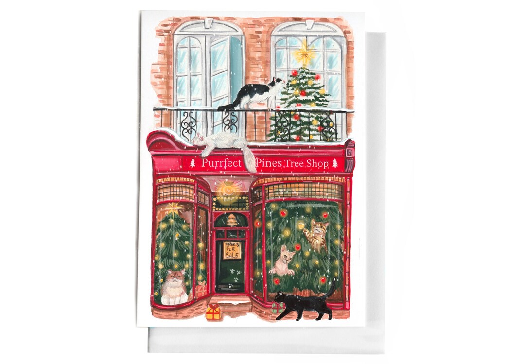 Christmas Cat Purrfect Pine Tree Shop Greetings Card | Cat Pine Tree ...
